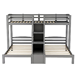 VilroCaz Twin Size Triple Bunk Bed with Built-in Staircase and Storage Drawer, Solid Wood Bunk Bed Frame with Safety Full-Length Guardrail for 3, Bedroom Guest Room Home Furniture (Gray)