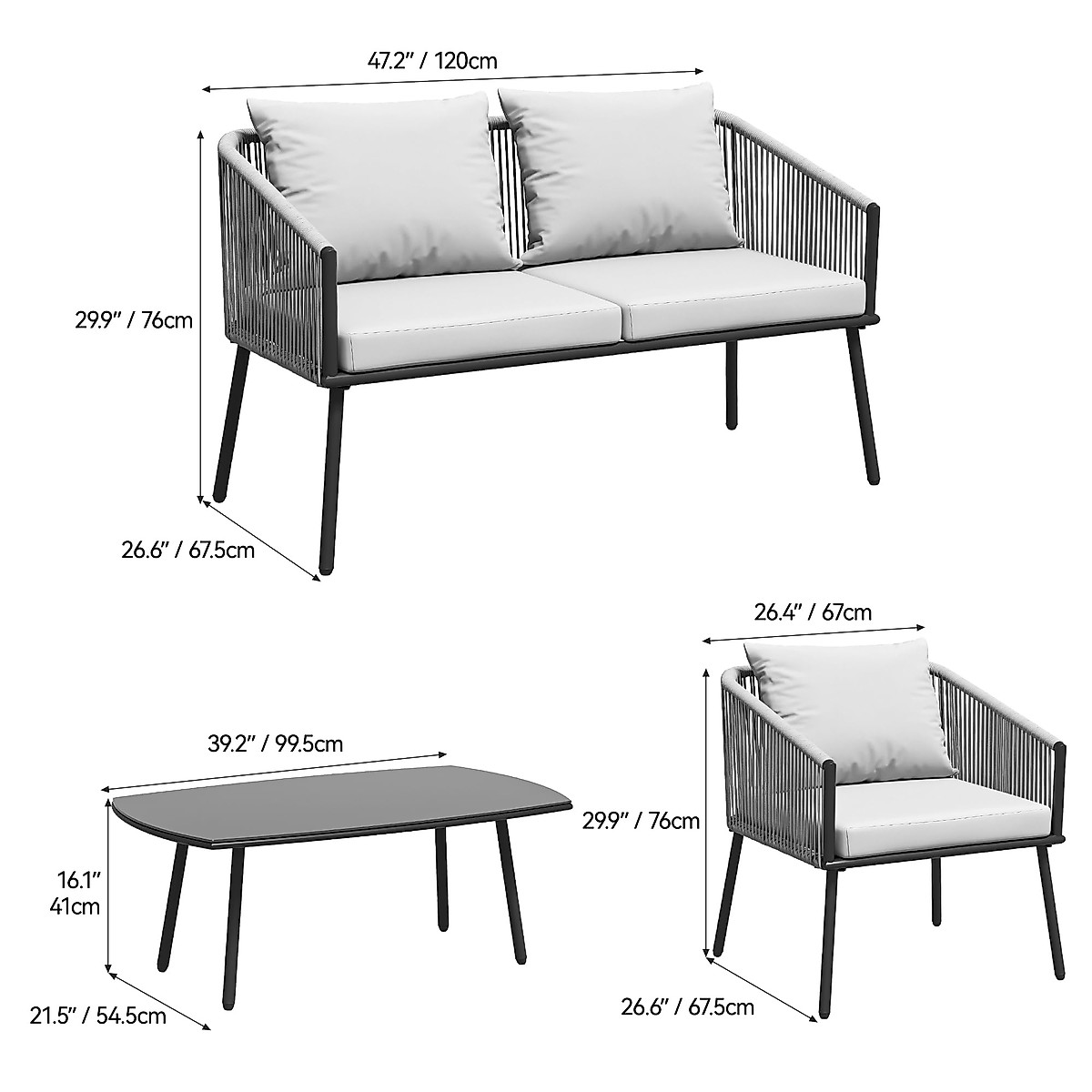 YITAHOME 4-Piece Patio Furniture Outdoor Bistro Set, All Weather Double Gray Rope Conversation Loveseat for Backyard, Balcony, Deck with Soft Cushions and Metal Table (Gray)