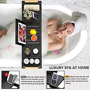 Bathtub Tray Bath Caddy Tray for Tub - Expandable Board and Book Stand Premium Leather Grip and Non-Slip Pat for Luxury Bath Bamboo Bathtub Table Tray for Home Spa and Gift Choice (Black)