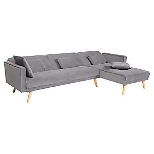 Eafurn L-Shaped Sectional Sofa with Adjustable Backrest and Chaise Lounge,3 Seat Upholstered Sleeper Futon Couch with Solid Wood Legs,Right Hand Facing Tufted Seater Sofa & Couch with 5 Pillows