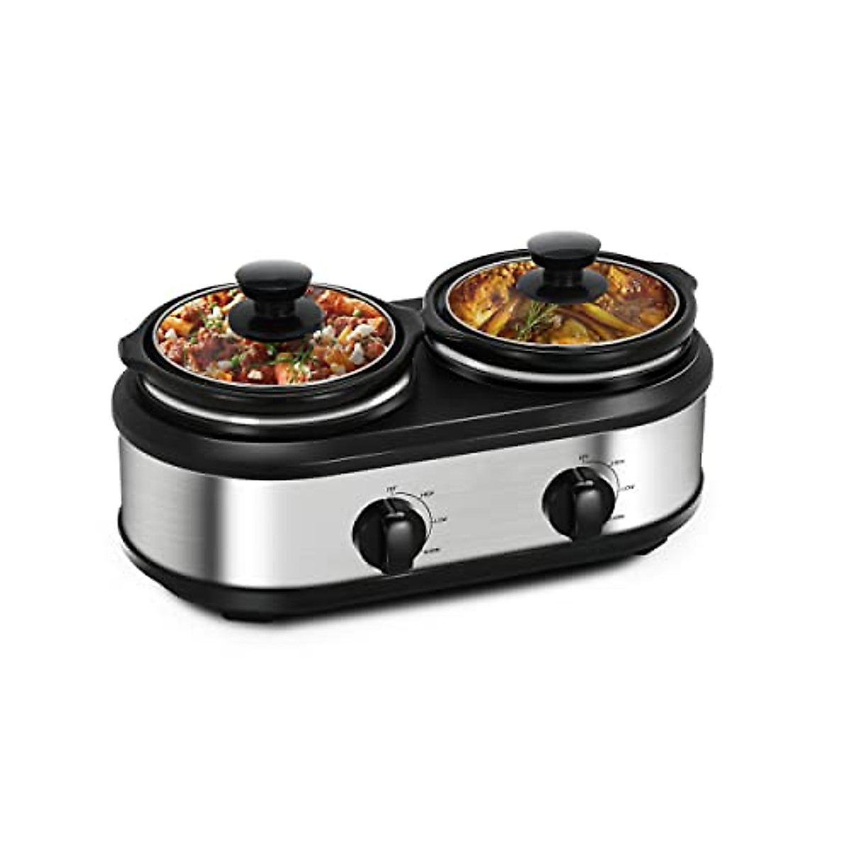 Dual Slow Cooker, Buffet Servers and Warmers with 2 X 1.25Qt, Tempered glass lids and Lid Rests, 3 Adjustable Temp, Stainless Steel