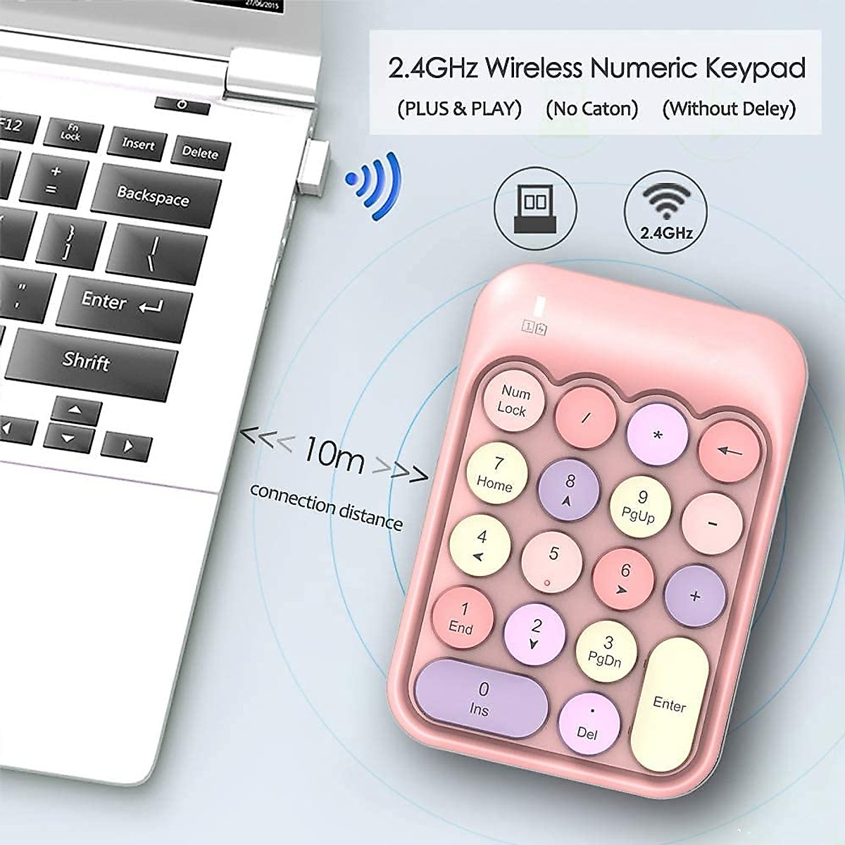 FELICON Wireless Numeric Keypad 18 Keys with 2.4G Mini Portable Silent Number Pad USB Receiver Financial Accounting Keyboard Extensions for Laptop Desktop PC Pro（Pink Mix）