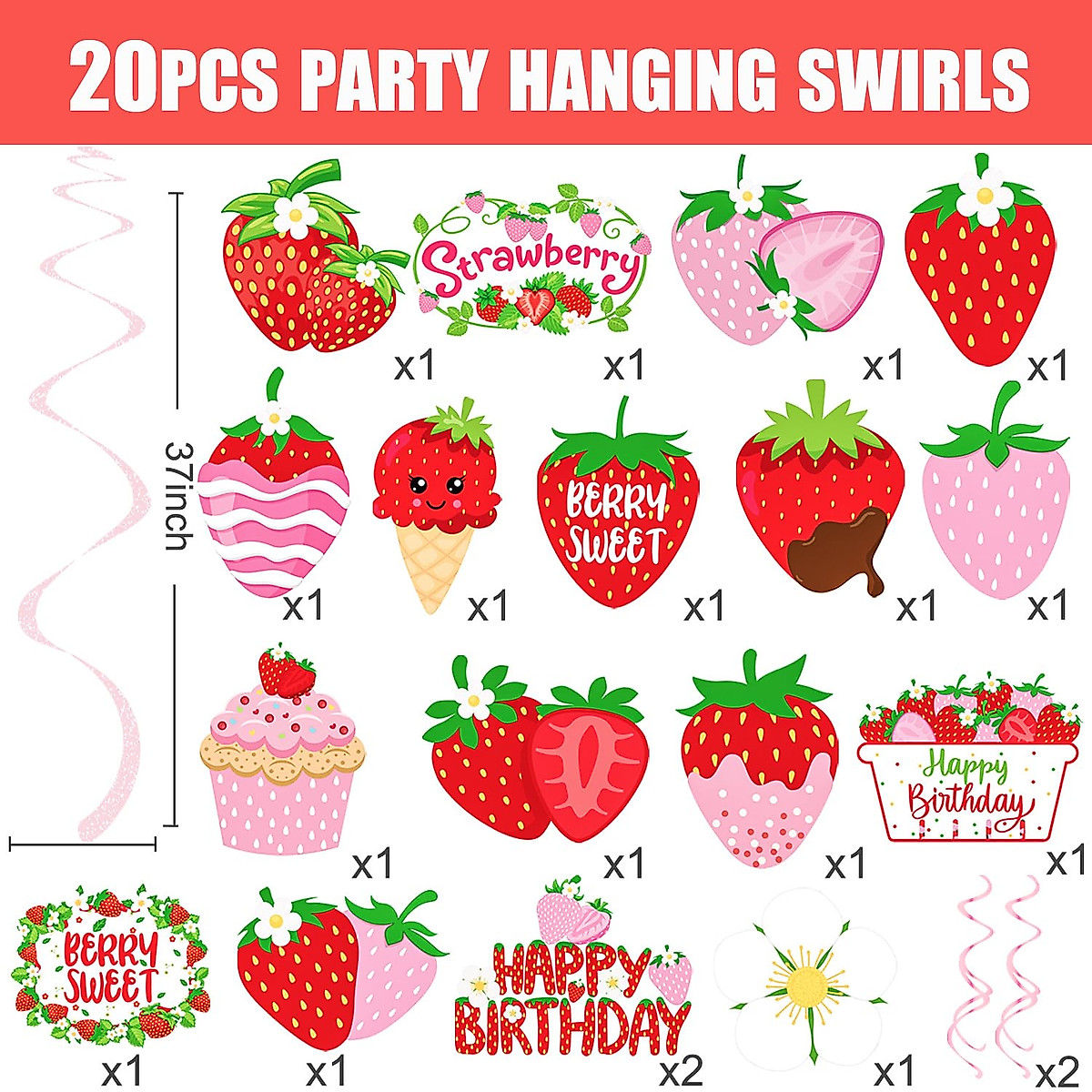 Strawberry Hanging Swirls 20Pcs Strawberry Birthday Party Decorations Berry Sweet One Hanging Decor Berry Sweet Swirls Ceiling Streamer for Strawberry Themed Baby Shower Supplies