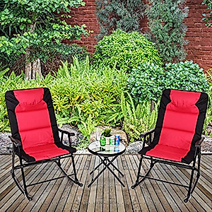 Giantex 3 PCS Folding Bistro Set Outdoor Patio Rocking Chairs Round Table Set 2 Rocking Chairs w/Glass Coffee Table for Yard, Patio, Deck, Backyard Padded Seat (Red & Black)