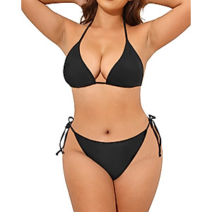 Tempt Me Women Plus Size Triangle Bikini String Two Piece Halter Tie Side Swimsuit Black 14 Plus