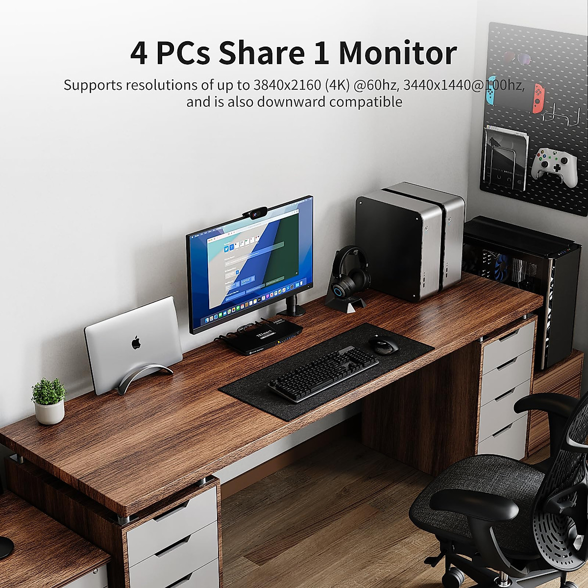 TESmart HDMI KVM Switch 4 Port 4K@60Hz, KVM Switch 1 Monitor 4 Computers EDID Emulators, USB 2.0, L/R Audio, Hotkey Switch, Button Switch with Remote Controller and All Cables
