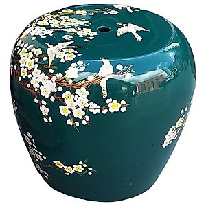 YVAILO Decorative Ceramic Garden Stool, Glazed Hand-Painted Flower and Bird Shoe Changing Stool Drum Stool, Suitable for Outdoor Garden, Living Room, Terrace, Etc. (Color : Dark Green)
