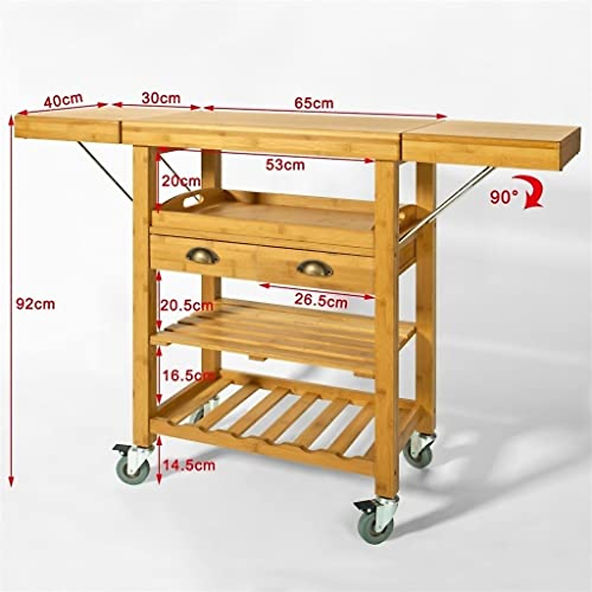XXXDXDP Extendable Kitchen Trolley Cart with 2 Folding Hinged Side Boards Removable Tray