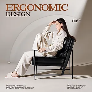 Yaheetech PU Leather Armchair, Retro Leisure Accent Chair with Extra Soft Padded and Cushion, Modern Reading Arm Chair with Black Metal Frame for Living Room/Office/Bedroom/Study Black