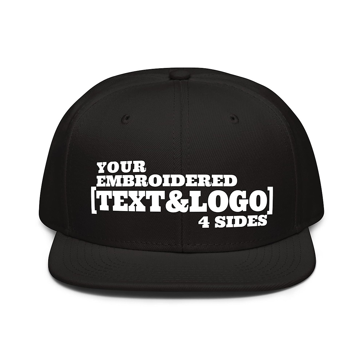 Custom Snapback Hat/Cap 4 Sides, Embroidery Personalized Text & Logo丨Flat Brim Bill Black