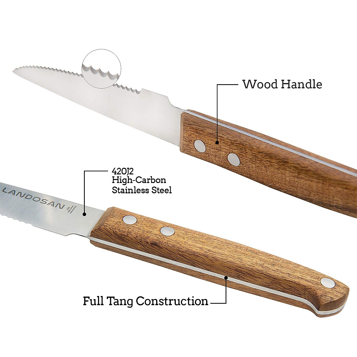LANDOSAN Steak Knives Set of 4 Stainless Steel serrated steak knives Natural wood handle Knife Set