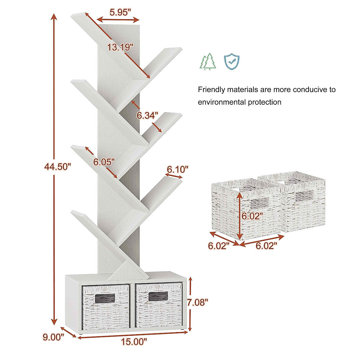 Vagusicc Tree Bookshelf, 6 Tier Bookshelf with Storage, Tall Narrow Bookcase, Wood Book Storage Rack for CDs/Books, Small Book Organizer Shelves for Bedroom, Living Room, Home Office, White
