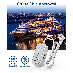 Mini Power Strip with 3 USB Ports, TESSAN 2 Outlet Portable Flat Plug Strip with 5 Ft Small Extension Cord, No Surge Protector for Cruise Ship Essentials Travel