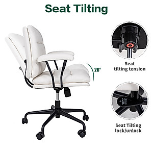 Home Office Desk Chair, Creamy White | Faux Leather | Mid Back | Removable Armrest | Padded Backrest | with Wheels | Height Adjustable