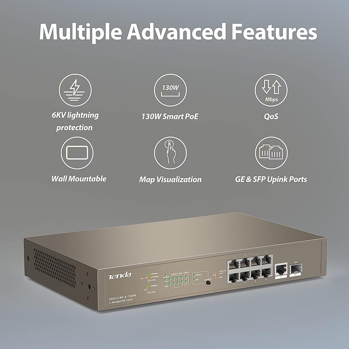 Tenda TEG5310P, Layer-3 Gigabit Managed PoE Switch, Enterprise 10 Port PoE Switch with 8 x PoE+ @ 150W, 1 x GE Port & 1 x SFP Port, Smart PoE Power Supply, Flexible QoS/ IGMP/ ACL/ ARP/ DHCP Snooping
