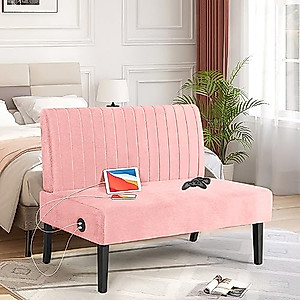 STHOUYN 43" W Mini Small Comfy Couch Armless Loveseat Sofa for Bedroom with USB Port, Velvet Pink Small Couches for Small Spaces Living Room, Apartment Office Dorm (Pink)