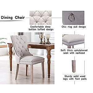 chairus Dining Chairs Set of 2 with Tufted High Back Retro Linen Fabric Upholstered Dining Room Chairs Side Chairs Rustic White Wood Legs Nailhead Trim Ring Pull- Beige 2PCS