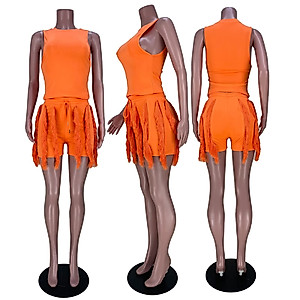 Annystore Fringe Tassel Shorts Sets Women 2 Piece Outfits - Sexy Sleeveless Tank Tops High Waisted Bodycon Shorts Jumpsuits Workout Sets Party Vacation Outfits Clubwear Orange, XL
