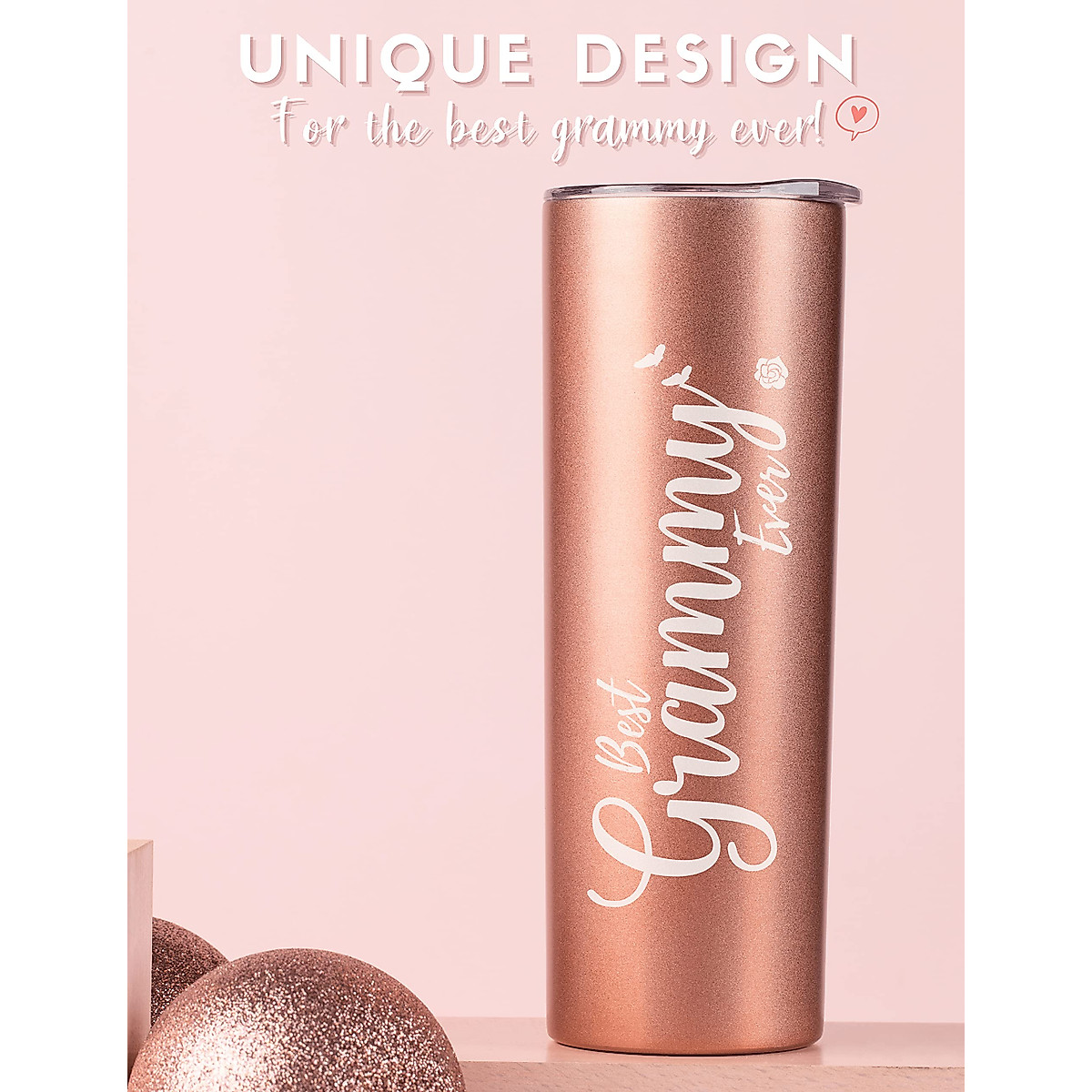 Grammy Gifts from Granddaughter, Grandson, Grandchild, Insulated Stainless Steel Wine Tumbler with Lid and Straw, for Grandma on Mother’s Day, Birthday, Christmas, Best Grammy Ever, Rose Gold, 20 oz