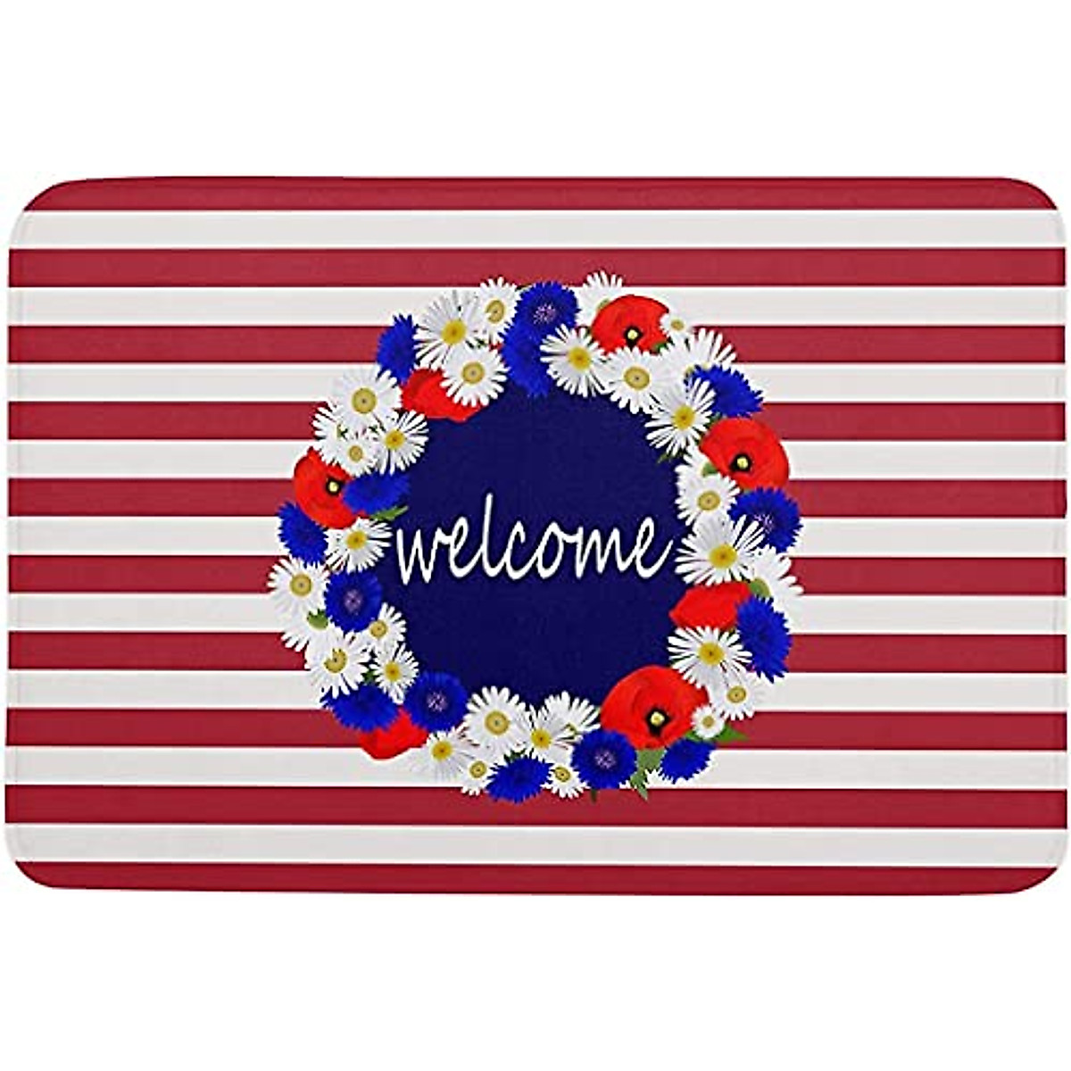 Bath Rugs Red Poppy Flowers Daisy Independence Day Holiday Sponge Doormat Absorbent Non Slip Backing Flannel Mat White and Red Stripe Memory Foam Mats for Bathroom Kitchen 24x36Inch