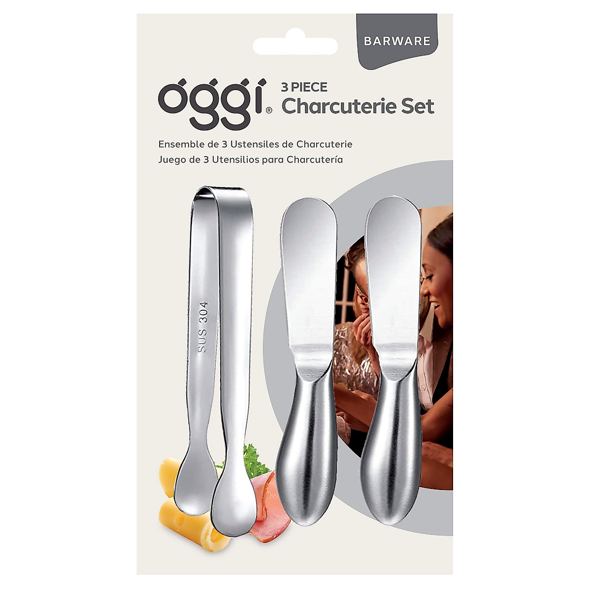 Oggi Charcuterie Utensil Set, Charcuterie Accessories, Cheese Knives Set - Stainless Steel, 3pcs with Knives/Spreaders & Tongs, 5" Long