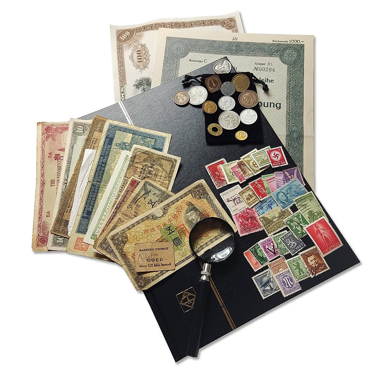 WW2 World Currency – 57 Original Allied & Axis Powers Banknotes, Coins, Stamps and Bonds + Album to Build Your Foreign Currency Collection - Coin Collection Supplies and Certificate of Authenticity