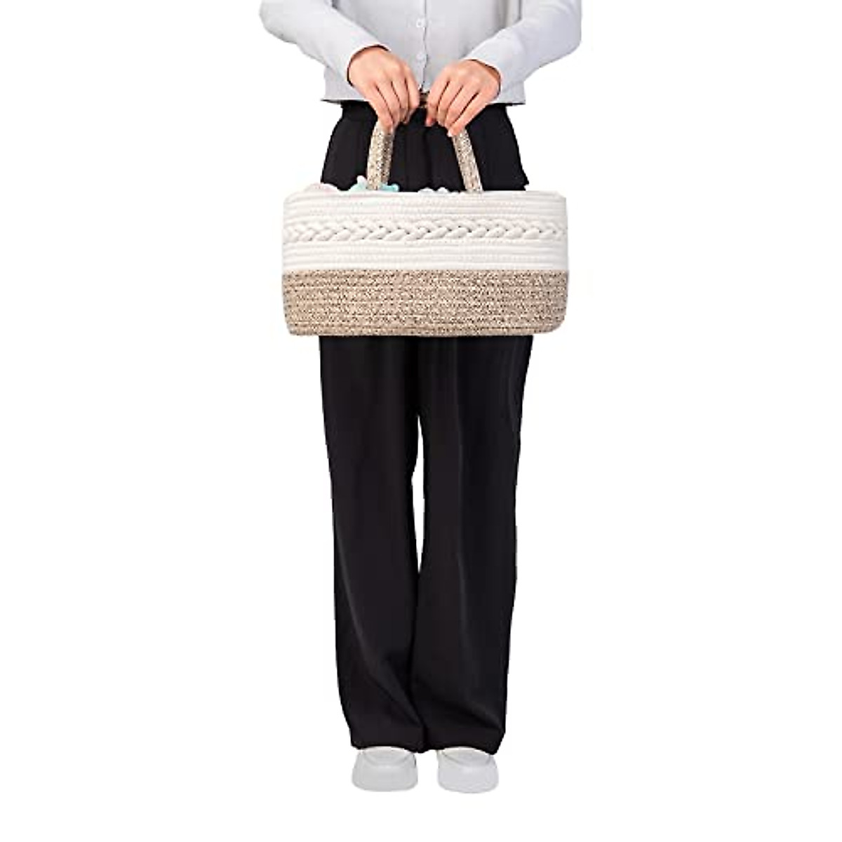 YeaYee Baby Diaper Caddy Organizer, X-Large, 5 Grids, 8 Pockets, Shoulder Strap Portable Nursery Storage Basket with 2 Changeable Compartments, 100% Cotton Woven Rope Bins, Newborn Gift