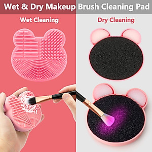 TailaiMei 2 Pack Makeup Brush Cleaning Mat with Color Removal Sponge, 2 in 1 Design Silicone Cleaner Pad for Dry Brush Color Switch and Wet Cleaning (Pink&Purple)