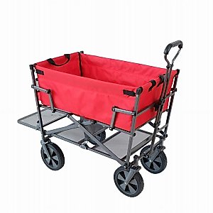 MacSports Double Decker Heavy Duty Steel Frame Collapsible Outdoor 150 Pound Capacity Yard Cart Utility Garden Wagon with Lower Storage Shelf, Red