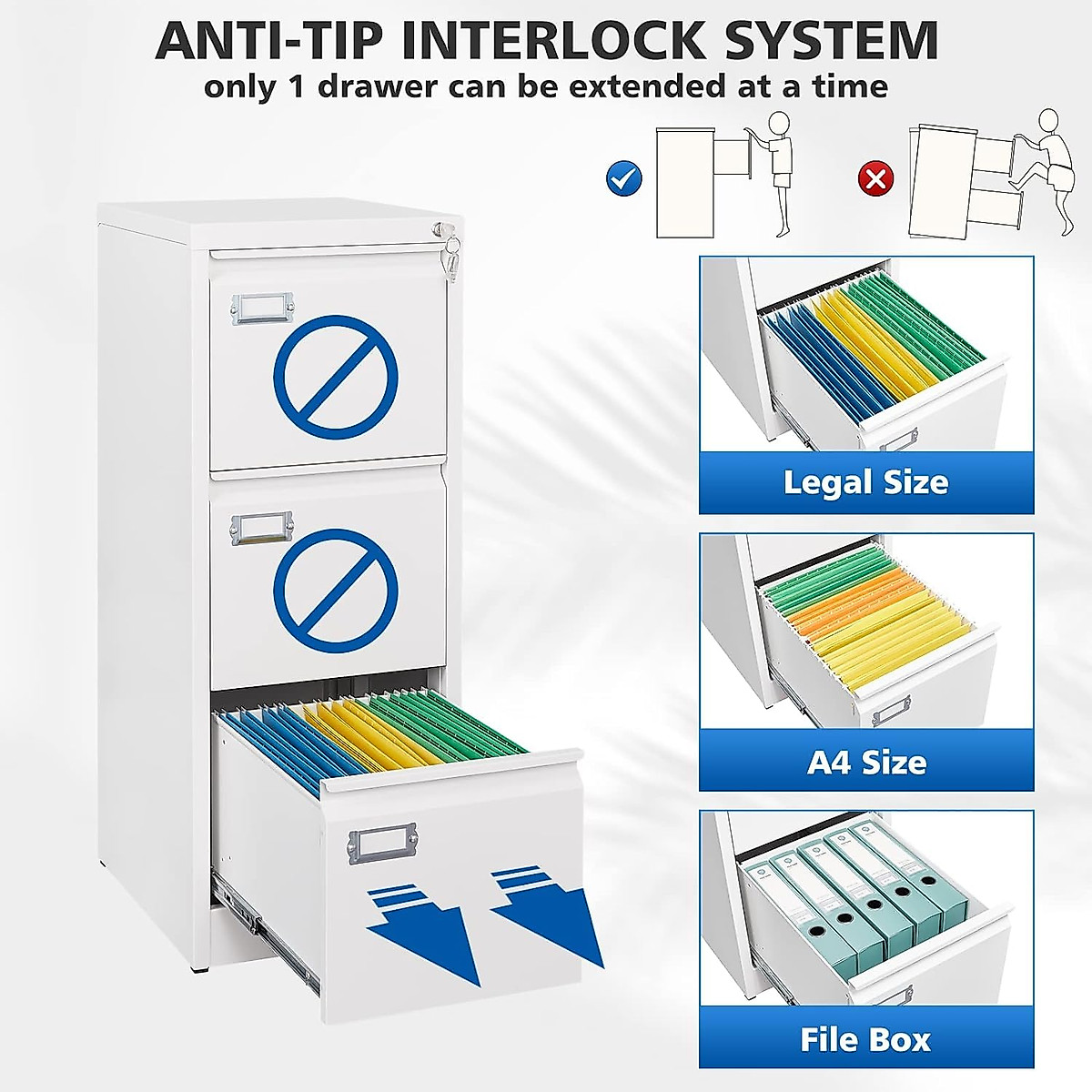 heycode 3 Drawers Filing Cabinets for Home Office,Vertical File Cabinet with Lock, Metal Office Locking File stoage Cabinet, Small Filing Cabinet Organizer for Hanging Legal/A4 (White, 3 Drawers)