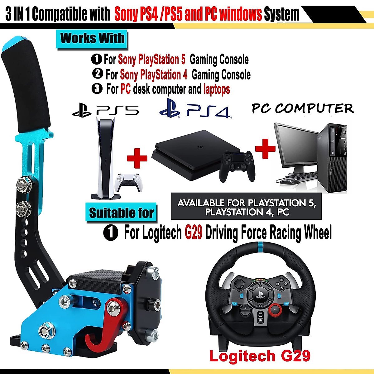 Obokidly Upgrade 2-IN-1 USB Handbrake Support G29 Compatible With PS4/PS5 + PC For Simracing Game Sim Rig With Clamp (Support G29 For PS5 With Clamp, Blue)