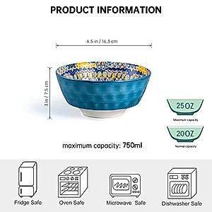 HENXFEN LEAD Ceramic Cereal, Soup Bowls Set of 6-25 Oz Deep Colorful Porcelain Serving Bowls for Dinner, Pasta, Salad, Oatmeal - Bohemian Style