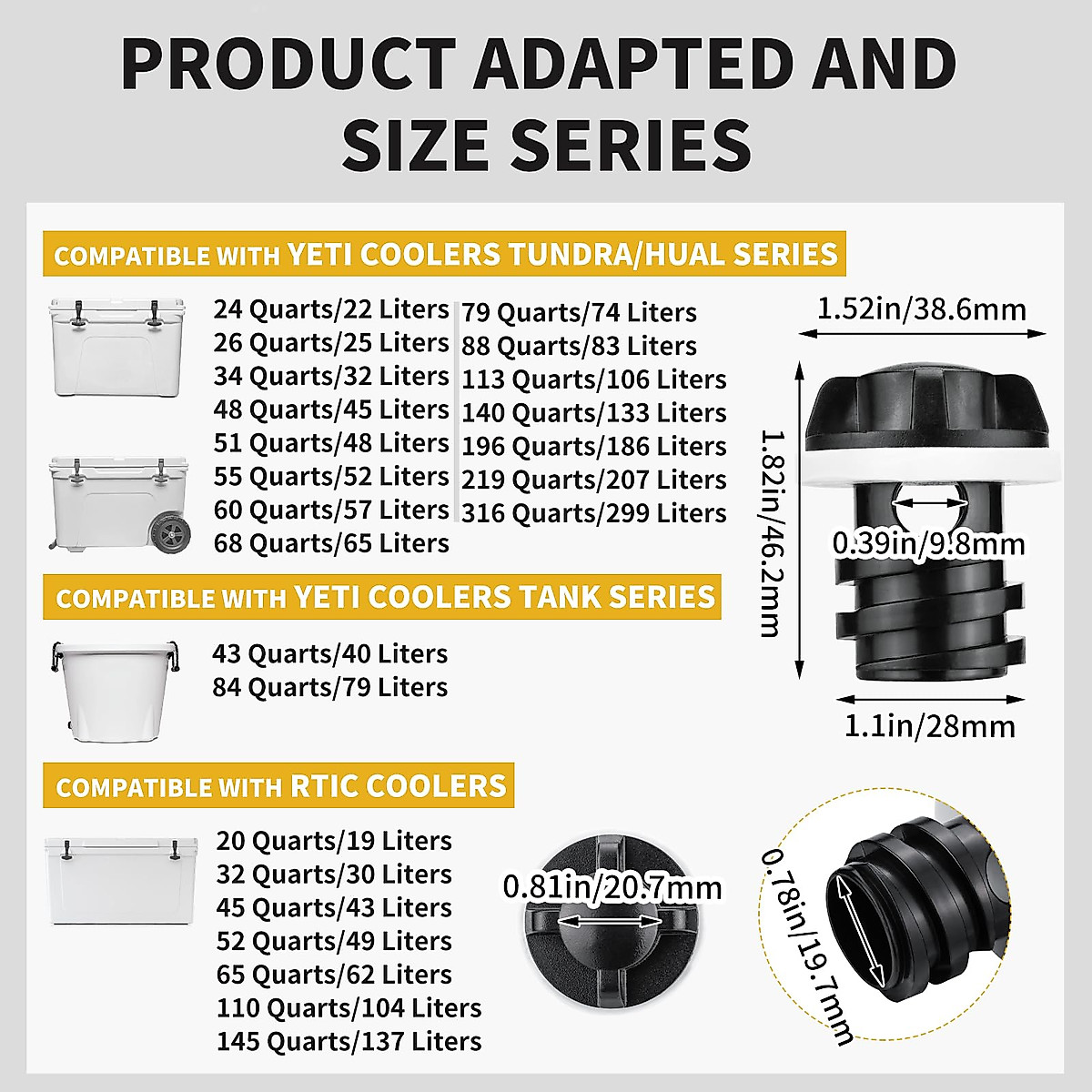 Cooler Plug for YETI, 2 Pack Cooler Drain Plug Compatible with YETI & RTIC Coolers Leak-Proof Plug Replacement for YETI Tundra Roadie Tank Coolers and RTIC Coolers