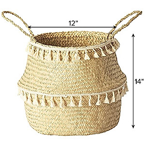 Artera Woven Seagrass Plant Basket - Wicker Belly Basket Planter Indoor with Plastic Liner and Handles, Natural Plant Pot for Fiddle Leaf Fig Tree, Snake Plant (XXL, Natural with Tassel Macrame)