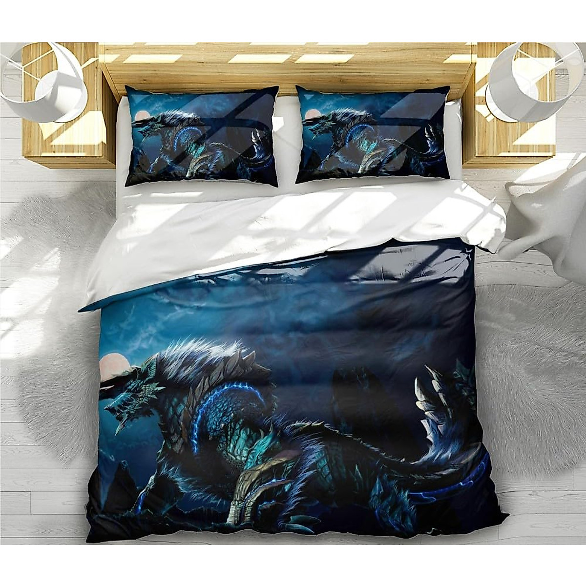 PONNYC MH Dragon Hunter Game Duvet Cover Soft 3D Printed Bedding Set with Comforter Cover 3 Piece Set Includes 2 Pillowcases and 1 Duvet Cover Machine Washable (03,King (104"x90"))