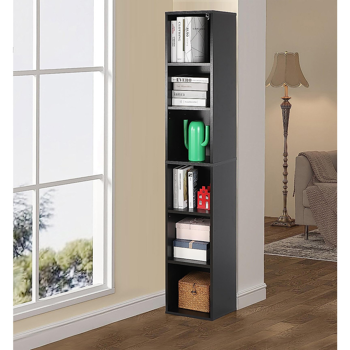 PACHIRA E-Commerce 71" H Tall Narrow Bookcase for Home Office Black, 6 Cubes Adjustable Book Shelf Display Rack Wooden Modern Corner Bookcase, 12" D x 12" W x 71" H