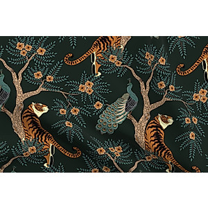 Spoonflower Fabric - Tiger Chinoiserie Bengal Peacock Asian Inspired Dark Teal Orange Printed on Petal Signature Cotton Fabric by The Yard - Sewing Quilting Apparel Crafts Decor