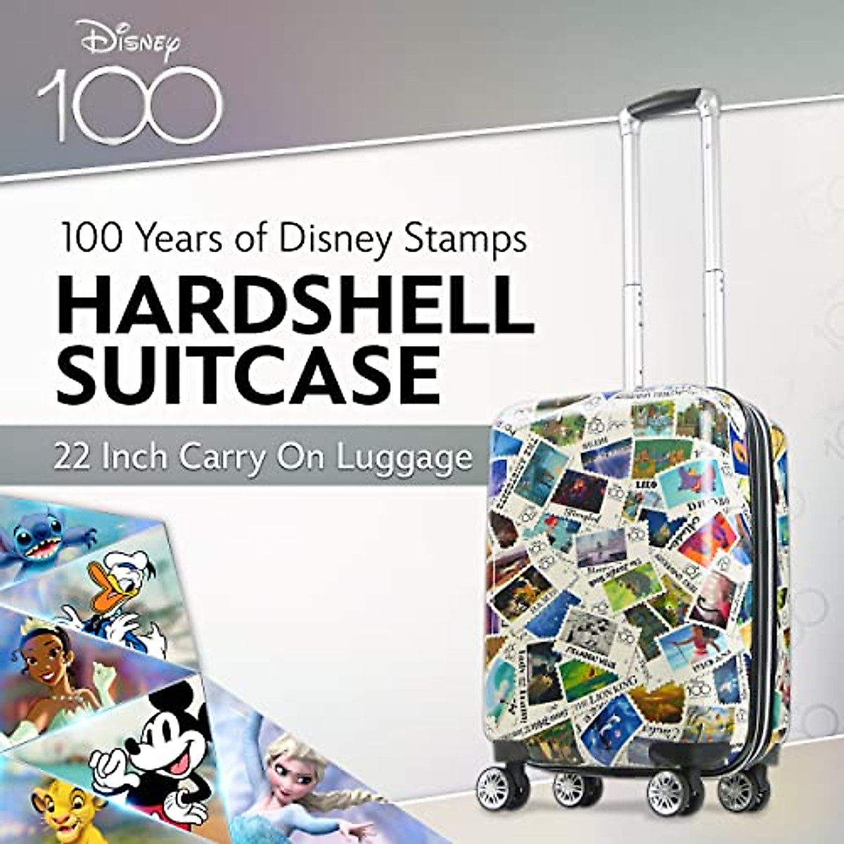 FUL Disney 100 22 Inch Carry On Rolling Luggage, 100 Years of Disney Stamps Hardshell Suitcase with Spinner Wheels, Multi