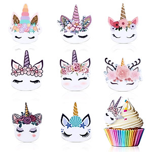 Hicarer 48 Pcs Unicorn Cupcake Toppers Unicorn Rings for Girls, Unicorn Theme Birthday Party Favors Unicorn Cupcake Decorations Girls Finger Rings Party Gifts(Floral Style)