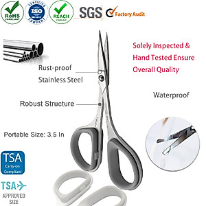 PAFASON Stainless Steel Mustache Beard Facial Nose Hair Trimming Scissor Set with Safety Cover and Leather Pouch Grey