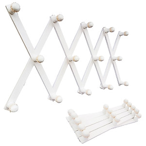 LENOX BOSS Accordion Wall Hanger, Expandable Coat Rack Wall Mounted, Wood Wall Accordion Hook Rack- Accordion Hat Rack for Coffee Mugs, Jackets, Purses, Scarfs, Non-Slip 14 peg Hooks White