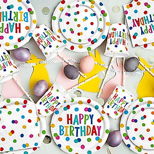 Happy Birthday Decorations: Kids' Birthday Party Supplies with Dots Design - Includes Happy Birthday Plates and Napkins, Disposable Paper Cups, Serves 16