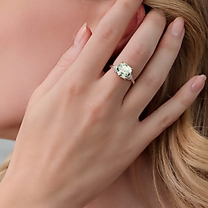 Gem Stone King 925 Sterling Silver Green Prasiolite Ring For Women (3.62 Cttw, Cushion Checkerboard Cut 10MM, Available in size 5, 6, 7, 8, 9)