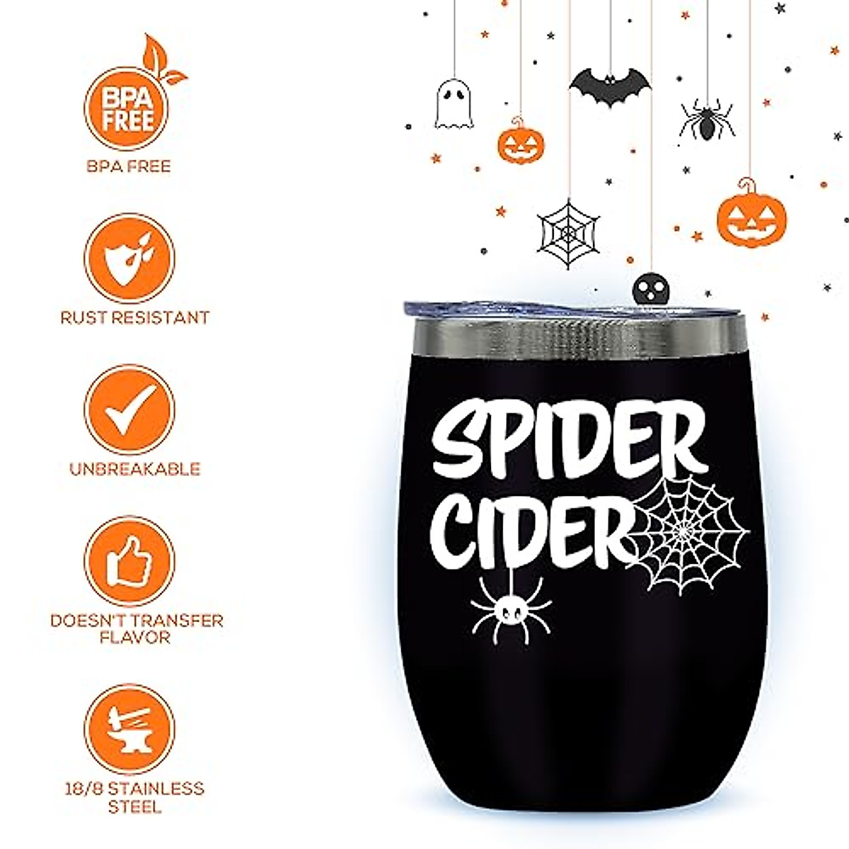 Halloween Tumbler Stemless Wine Glass – 12Oz Wine Tumbler with Straw - Cute Spider Insulated Steel Tumblers Halloween Cup - Reusable Halloween Mugs (Modern/Black - Spider Cider)