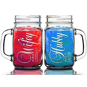 Hubby and Wifey Set of 2 Personalized Mason Jars Drinking Mugs Personalized Custom Etched for Wedding, Engagement Anniversary Bridal Party Gift of Favor for Newlyweds Couple Laser Engraved