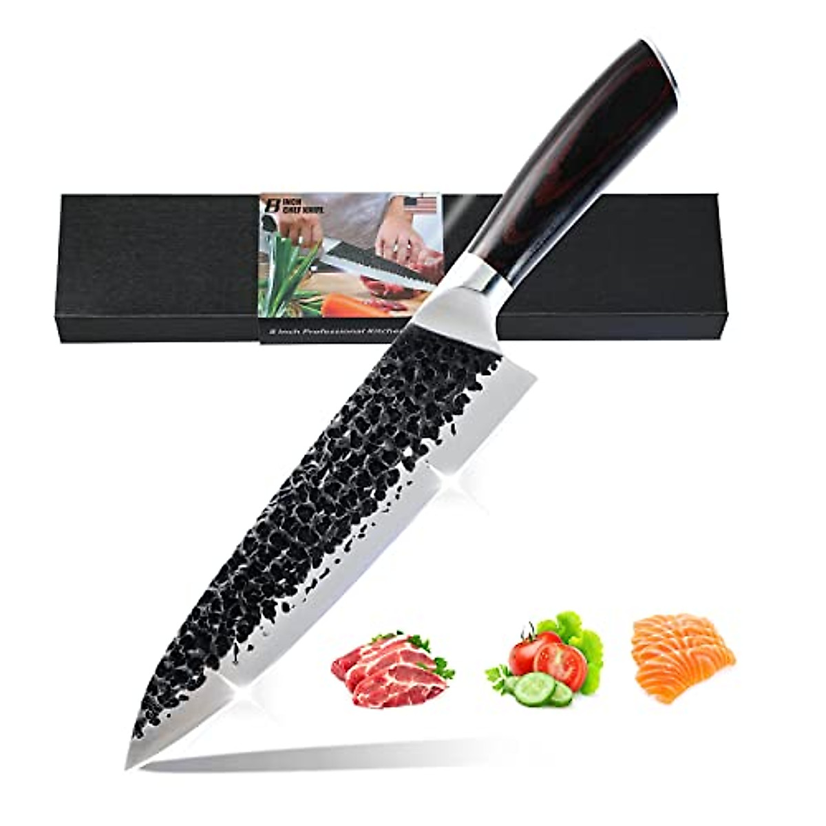 Chef Knife,8 Inch Professional Kitchen Knife, Japanese AUS-10 High Carbon Steel Sharp Meat Cutting Knife,Multi-Purpose Cooking Knife,Hammered Finish Chopping Knife with Ergonomic Handle and Gift Box