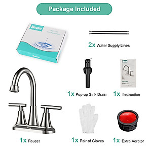 4 Inch Bathroom Faucets for Sink 3 Hole, Faucet for Bathroom Sink with Pop-up Drain & Supply Hoses, 2-Handle 360 Swivel Spout Stainless Steel Lead-Free, Centerset Faucet for Bathroom Vanity Lavatory