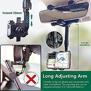 PKYAA Rearview Mirror Phone Holder for Car, 360° Rotating Rear View Mirror Phone Mount with Adjustable Arm Length, Multifunctional Phone and GPS Holder Universal Car Phone Holder for All Smartphones