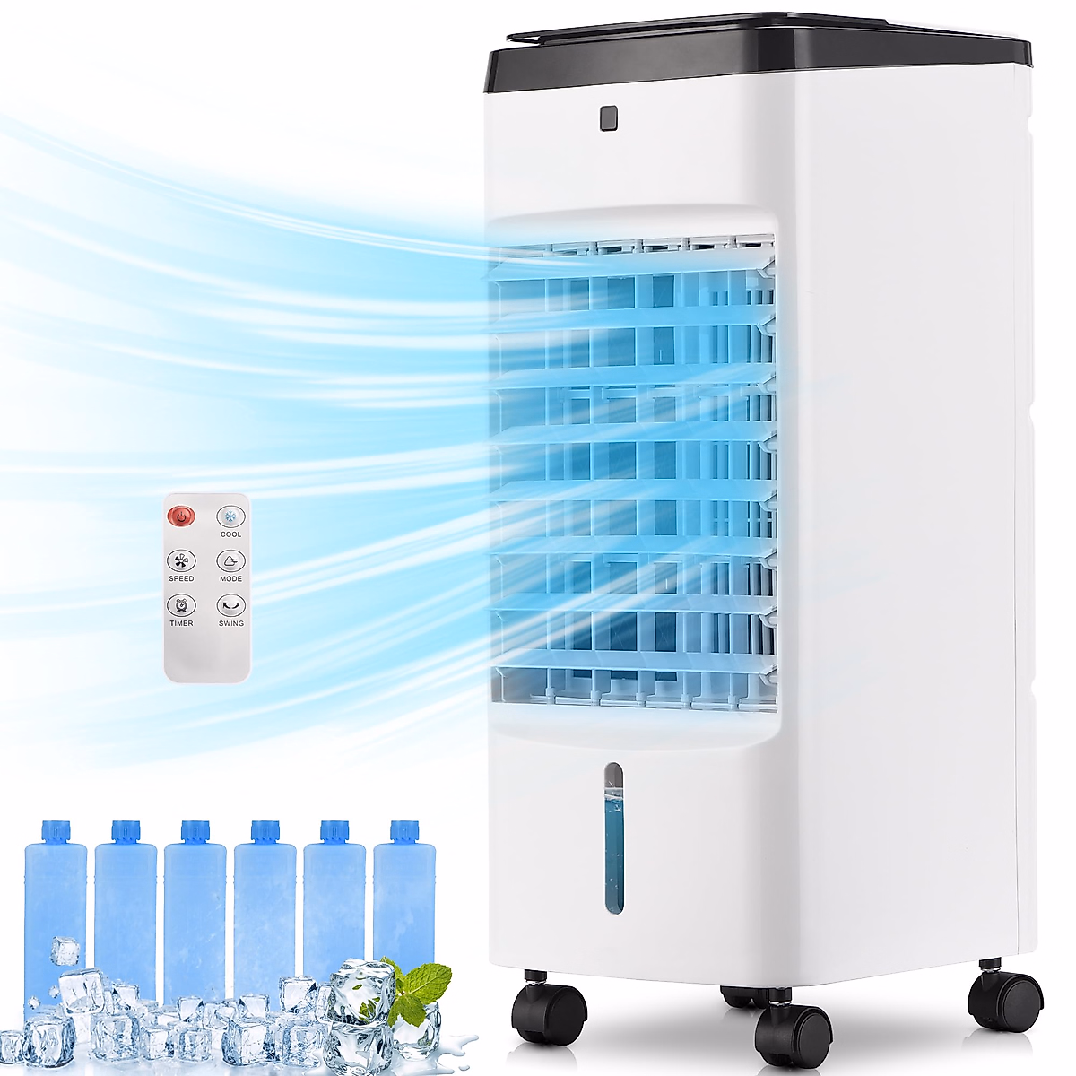 Uthfy Evaporative Air Cooler, 3 In 1 Swamp Cooler with 6 Ice Packs, Remote, 12H Timer, Portable Evaporative Cooler with 70° Oscillation, 3 Speeds, 3 Modes, Cooling Fan for Bedroom, Living Room, Office