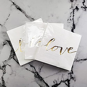 Dulousia White Luncheon Paper Napkins Stamped with Sparkle Gold Love - Folded 6.5 x 6.5inch for Wedding, Bridal/Baby Shower, Dinner Birthday Party (48Count)